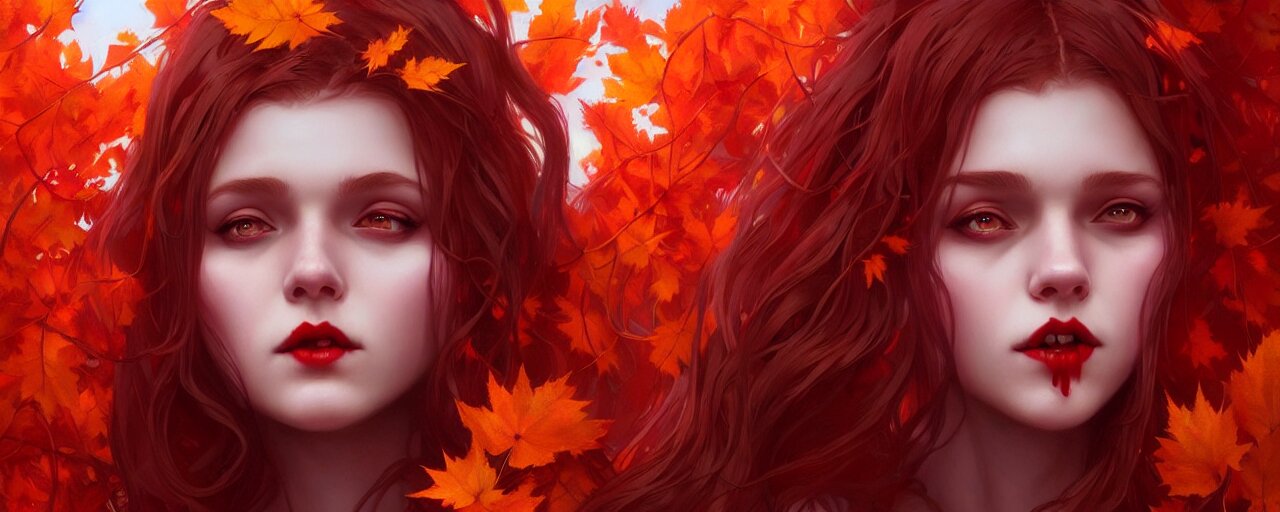 Lexica - Girl with with hair becoming autumn red leaves trees, vampires ...