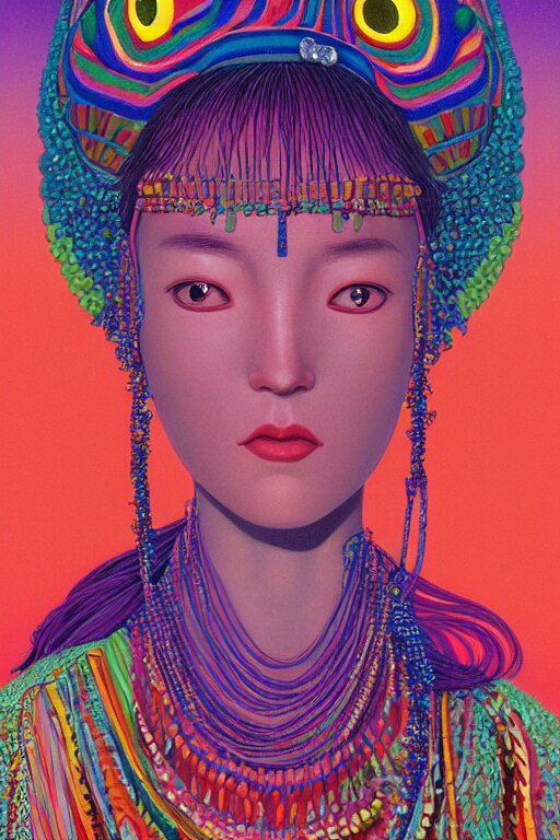 a colorful vibrant closeup portrait of a fashion model with a be ...