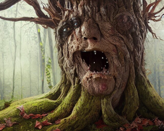 Lexica - A talking tree, a smiling face in the bark, nose made of wood ...