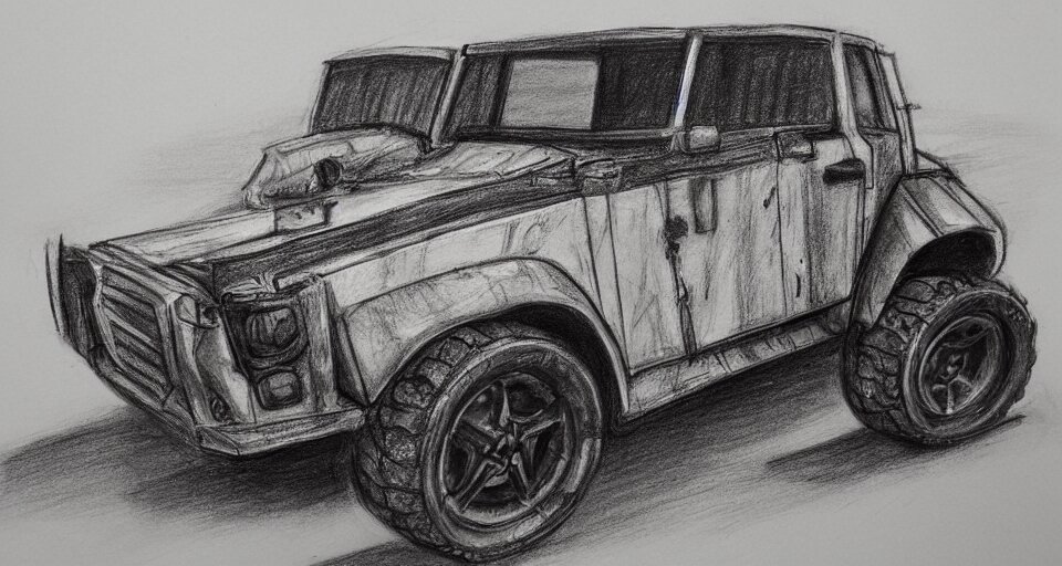 graphite drawing of a stylized cartoony fury road car - Arthub.ai
