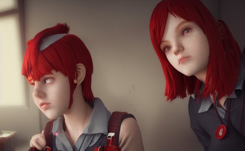 Lexica - School girl with red hair on the classroom, gloomy and foggy atmosphere, octane render ...