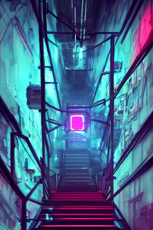 Lexica - A basement staircase, neon lights, cyberpunk style, digital ...