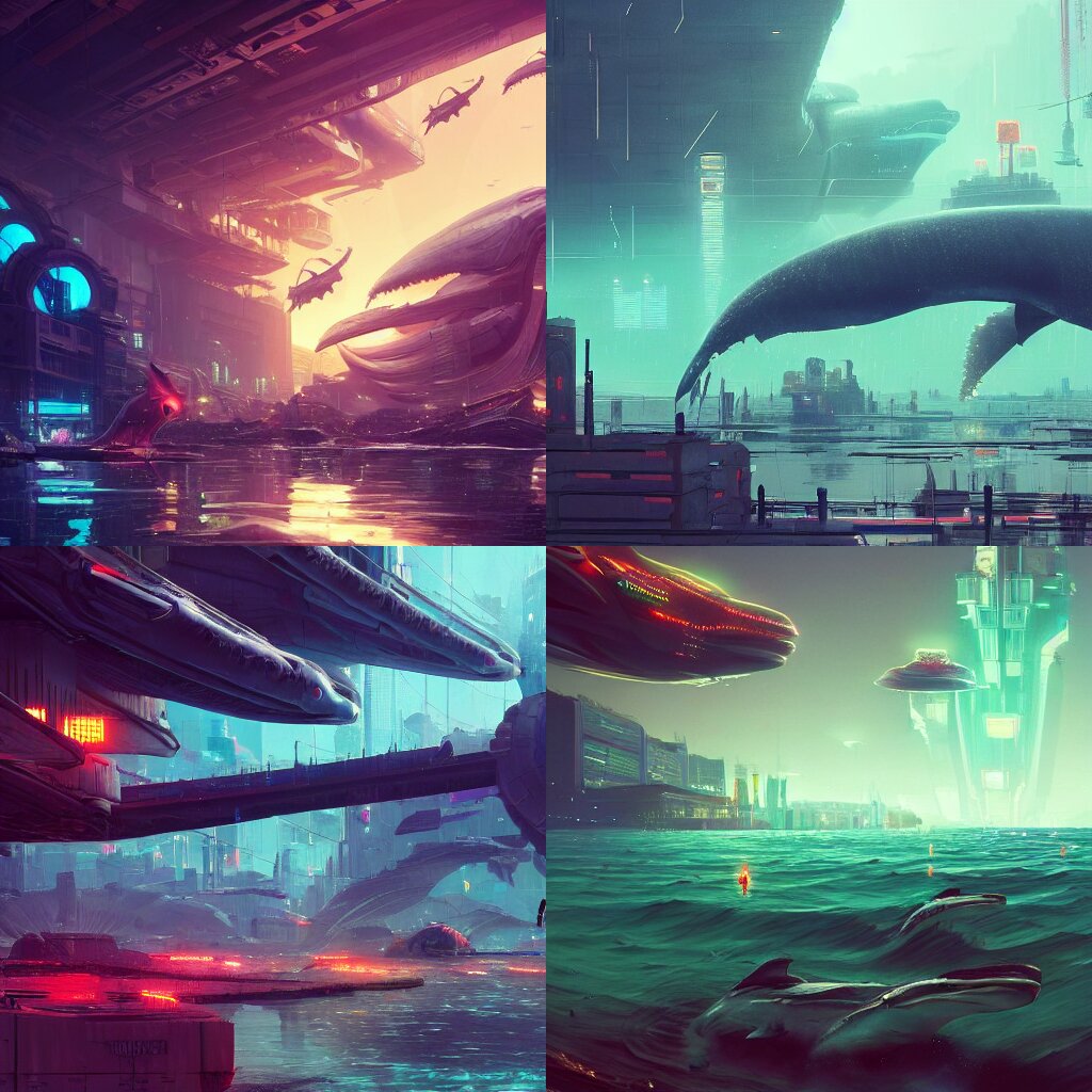 epic gigantic cyberpunk whales floating in a colossal sci-fi cit ...