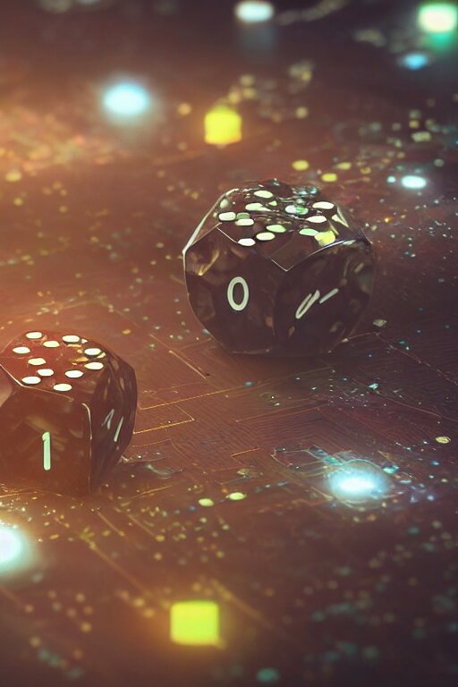 closeup, of one futuristic sci-fi Twenty sided dice, in the back ...