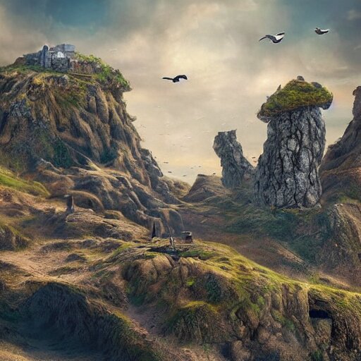 Lexica - Round sci-fi buildings on a stark volcanic cliff with birds ...