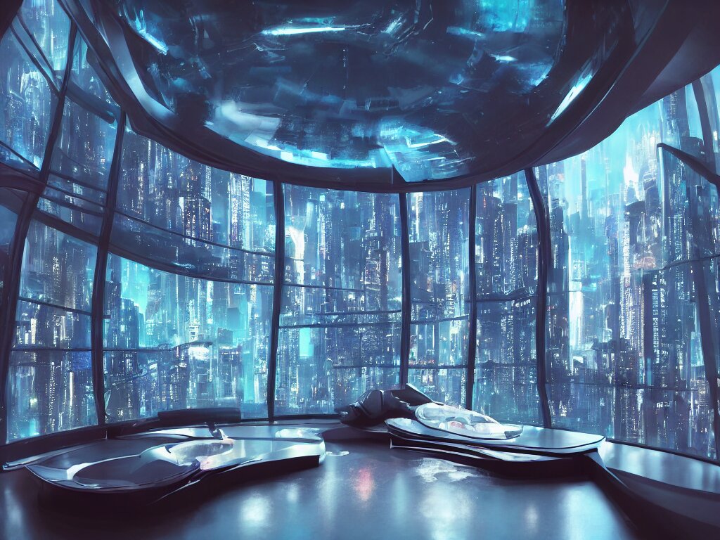 Lexica - A futuristic bedroom with large curved ceiling high windows ...