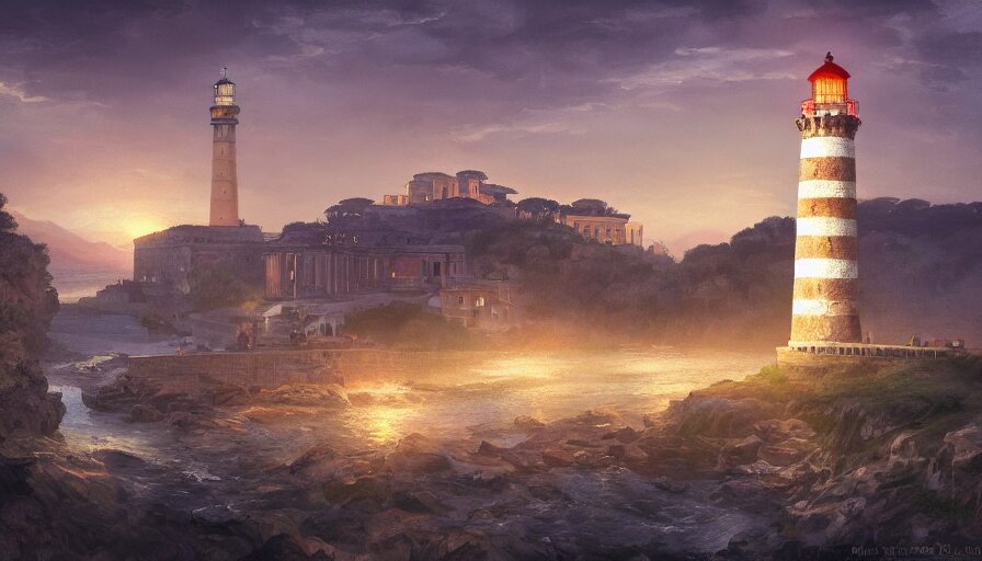 Lexica - Ancient city of Rome with a lighthouse near the shore and a ...