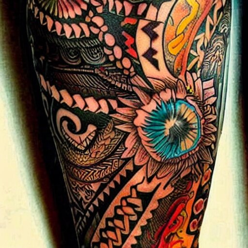 Lexica - Tribal tattoo along female leg, epic, psychedelic colors, beautiful, intricate detail