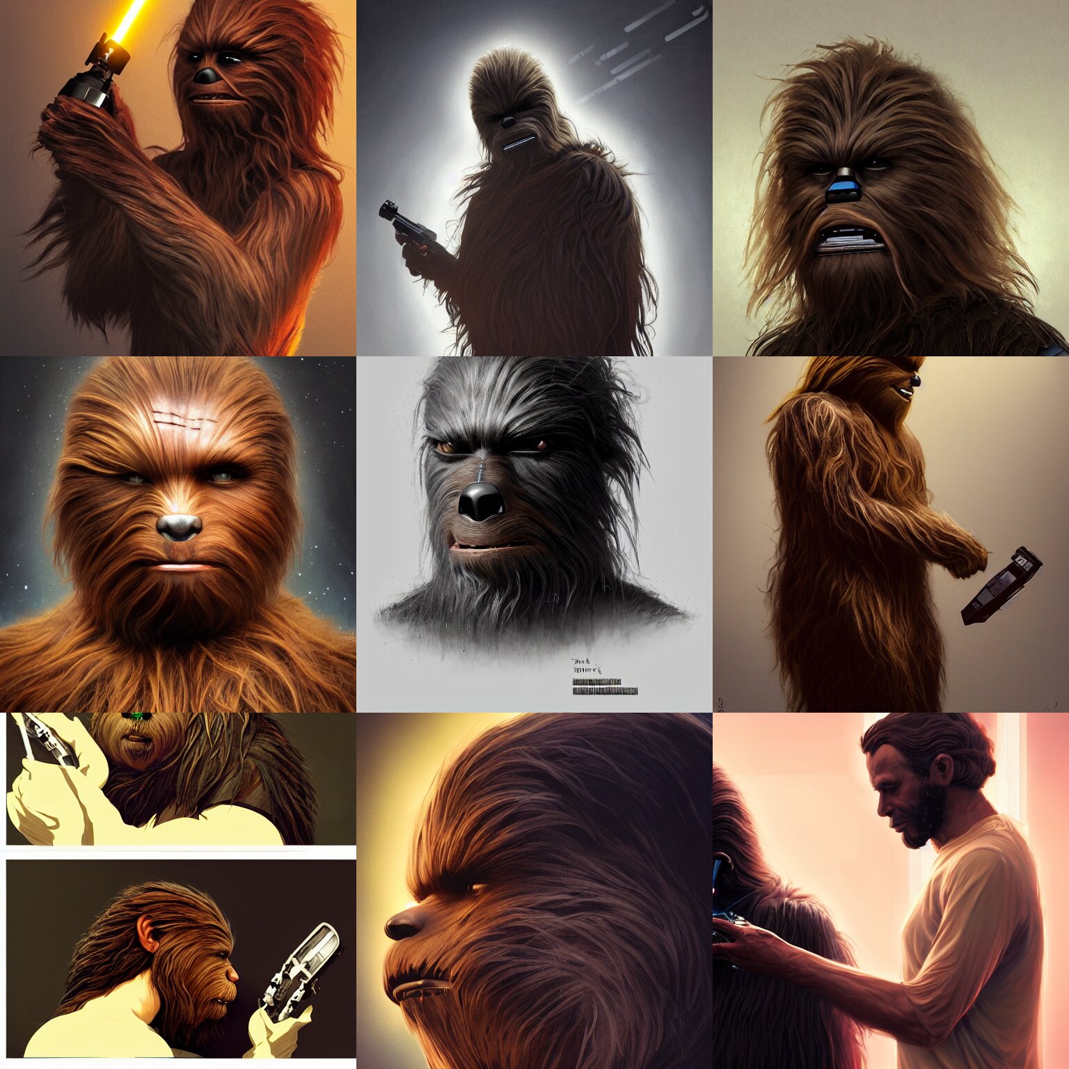 Lexica - Portrait photography of Dark Vador shaving the head of Chewbacca , cinematic lighting ...