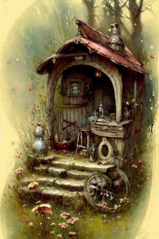 Lexica - (((((1950s fairy tale gypsy cottage . muted colors.))))) by ...
