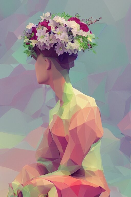 Lexica - A person sitting on a bench with a bouquet of flowers, a low ...