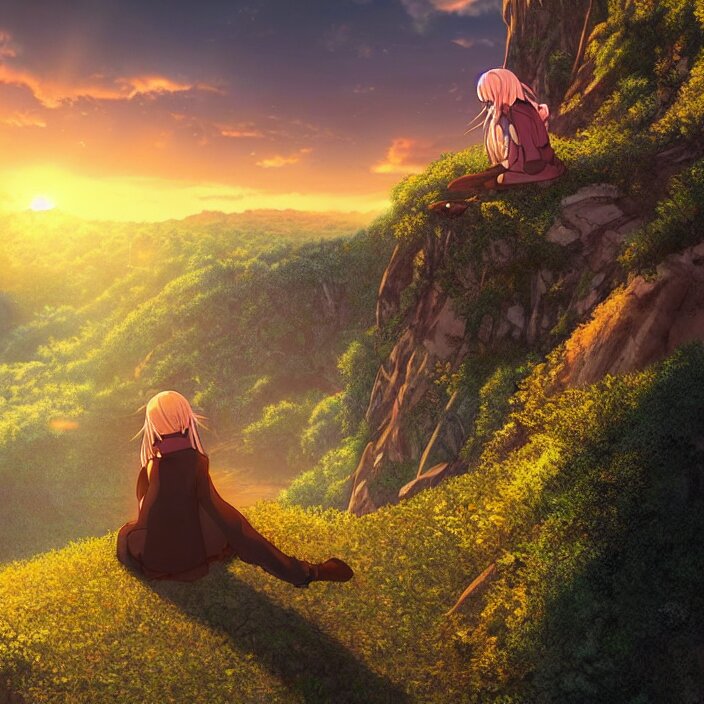 Lexica - Anime Girl Sitting on Edge of Cliff at a Green Valley at ...