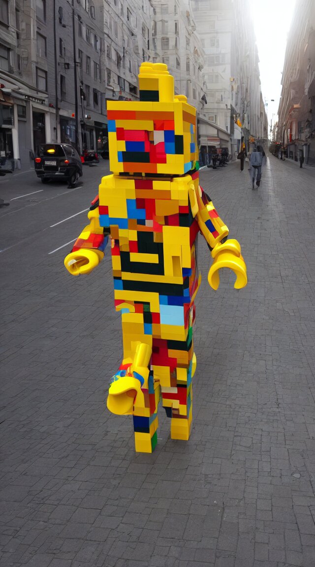 hyperrealistic giant lego man walking through street, street vie ...