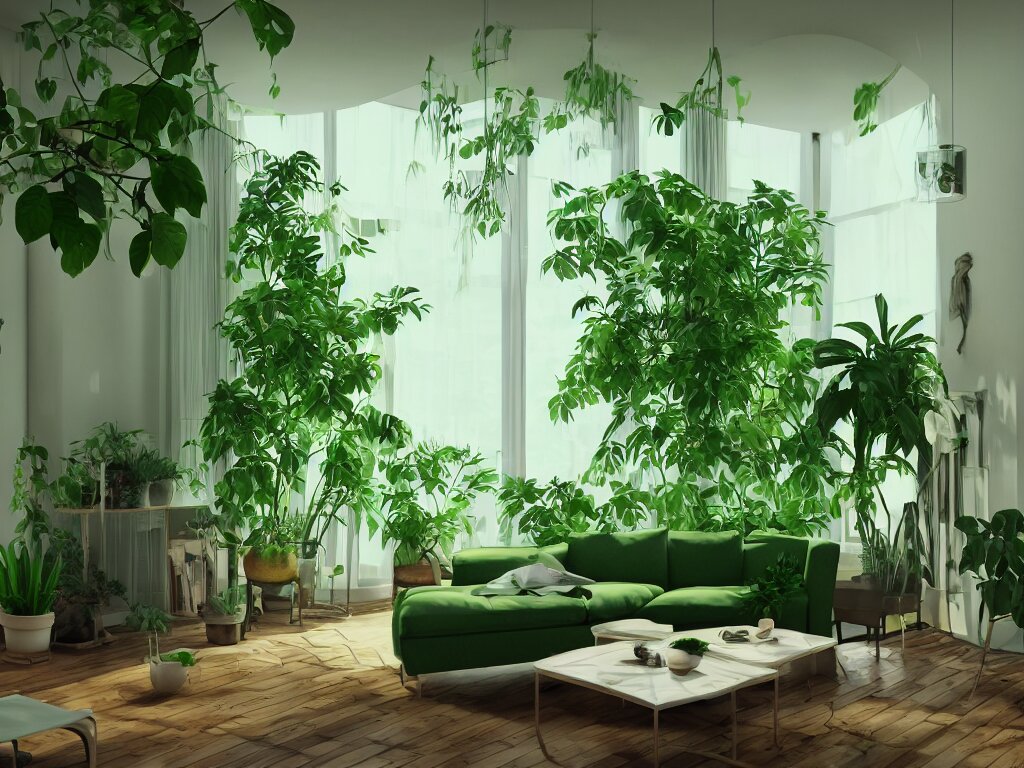 Lexica - Comfy green living room with many plants, complicated liminal ...