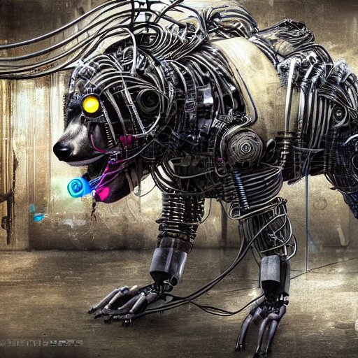 robotic cyberpunk hyena, many wires and metal exposed, realistic ...
