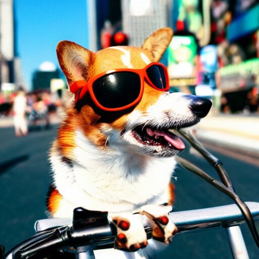 Lexica - A photo of a Corgi dog riding a bike in Times Square wearing ...