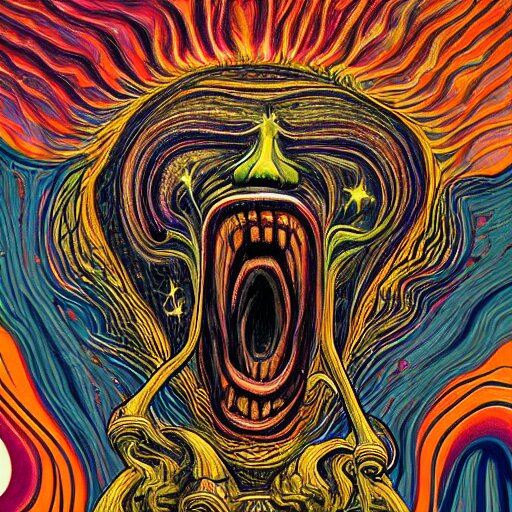 a hyper - detailed fine painting of the scream of paranoia and f ...