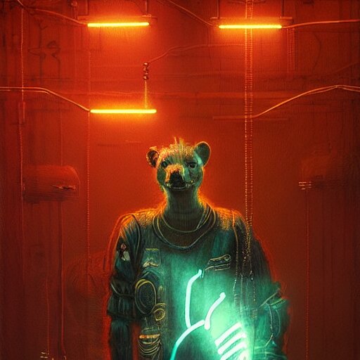 cyberpunk dystopian cyborg hyena, wires and glowing lights, beks ...