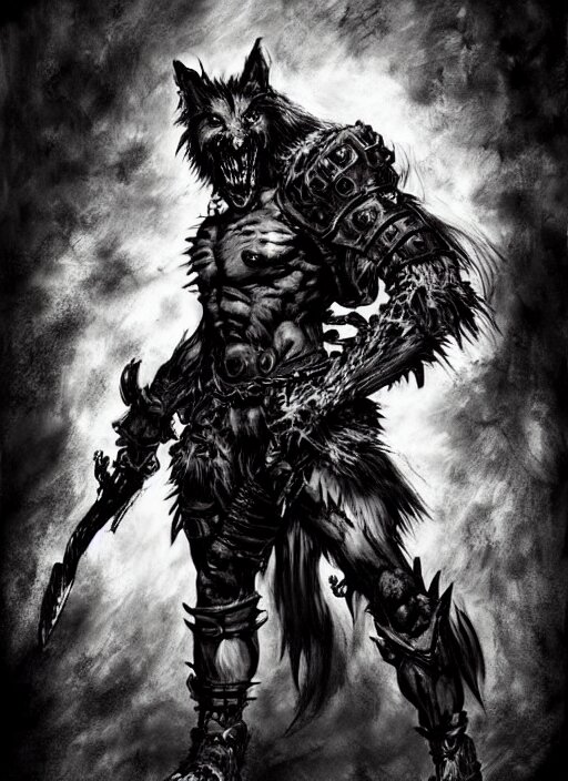 Lexica - Full body portrait of a scary gnoll wolf man. Armour made of ...