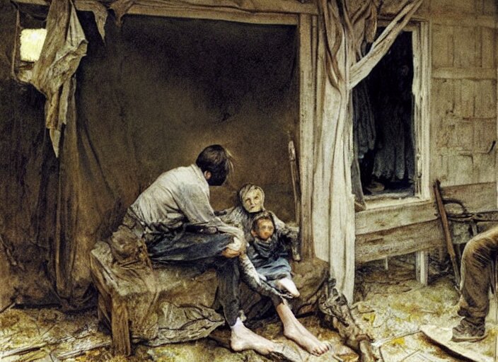 Lexica - Poor child talking to an skinny teenager in a dirty makeshift ...