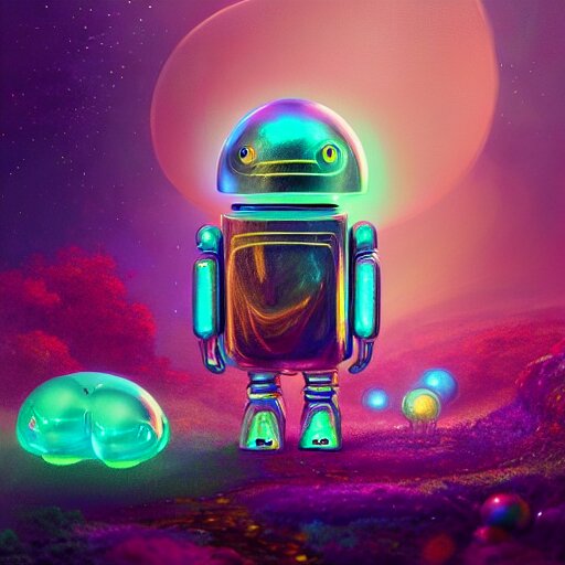 iridescent opalescent android robot animal in candyland, warm to ...