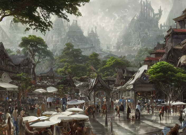 Lexica - A bustling trading port and market near the ocean in a ...