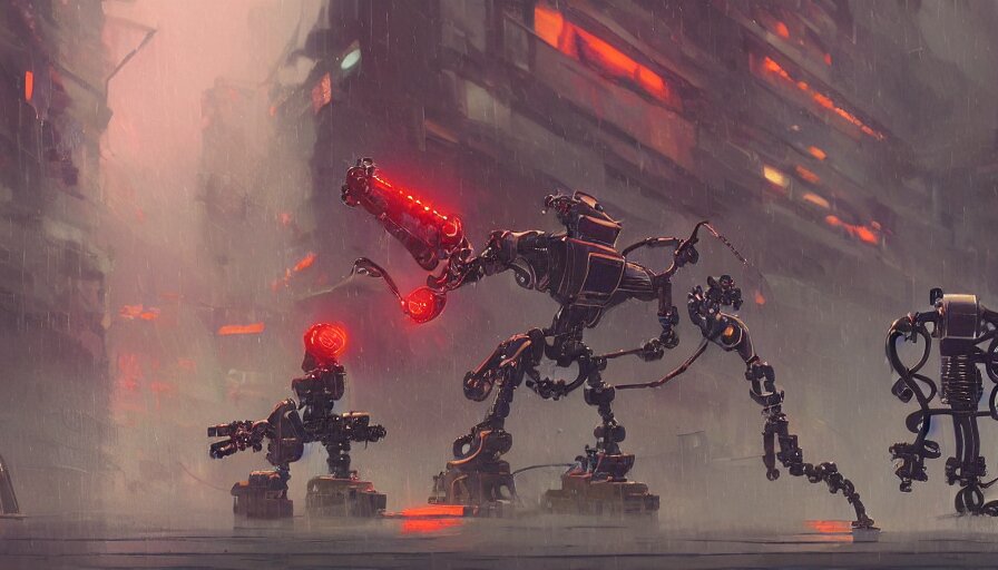 Lexica - A steampunk robot duels a cyberpunk robot, raining, sharp ...
