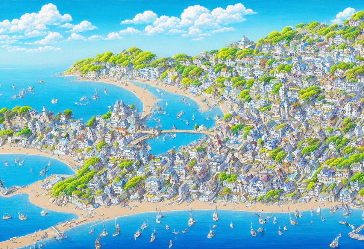 Lexica - A beautiful ultradetailed painting of a seaside town, sunny ...