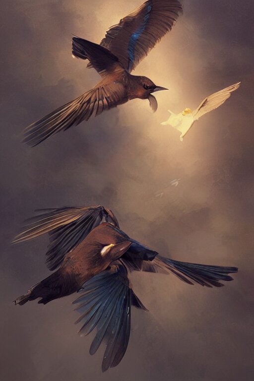 Lexica - Birds flying, wings, flock of brown black blue birds, oil ...