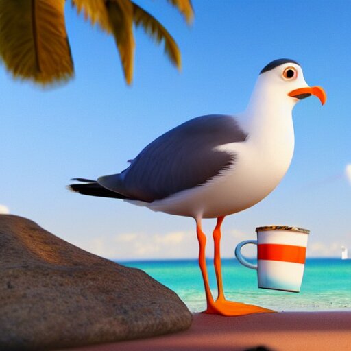 Lexica - A seagull with big eyes looking for a cup of coffee in a ...