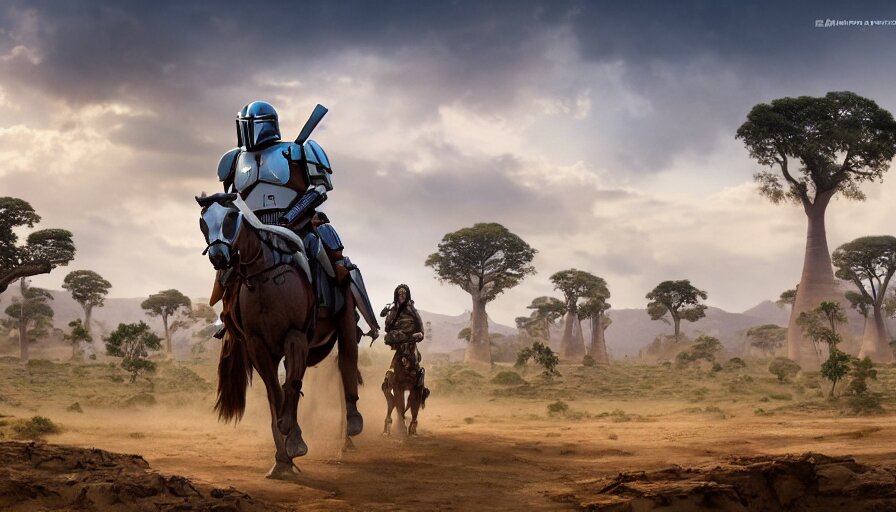 Lexica - Mandalorian riding a horse, madagascar with baobabs trees in ...