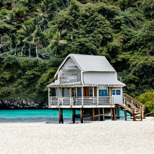 small house on an island beach, gentle waves - Arthub.ai