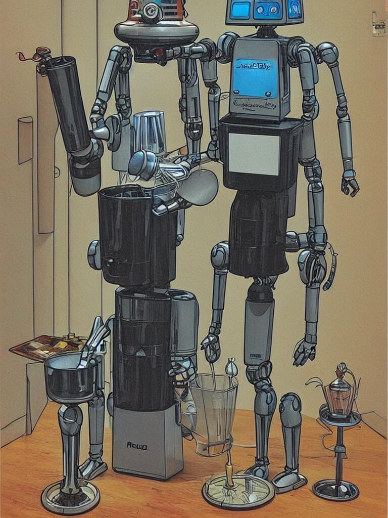 walking robot coffee maker, by jean giraud - Arthub.ai