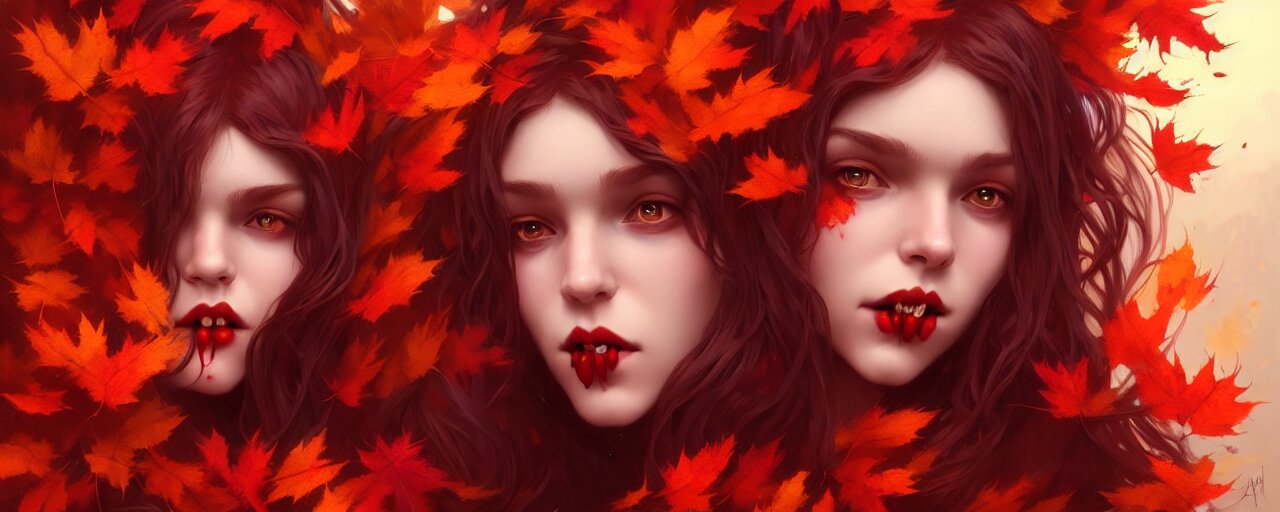 Lexica - Girl with with hair becoming autumn red leaves trees, vampires ...