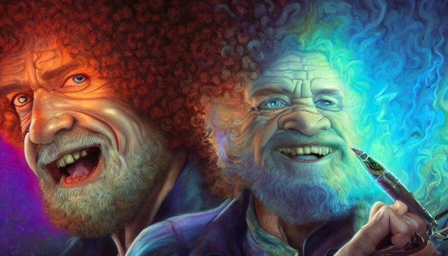 bob ross on a psychedelic trip with an open mouth and glowing ey ...