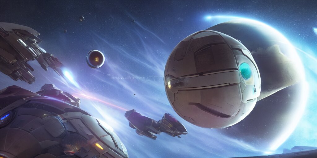 Lexica - Wide shot of a spheric round ball shaped sci fi space ship ...