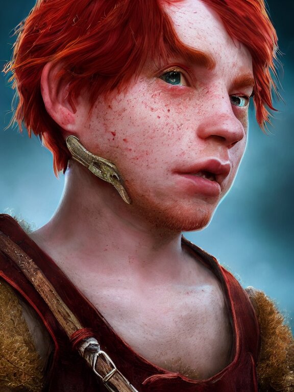 Lexica - Portrait art of red - haired halfling bard 2 1 year old ...