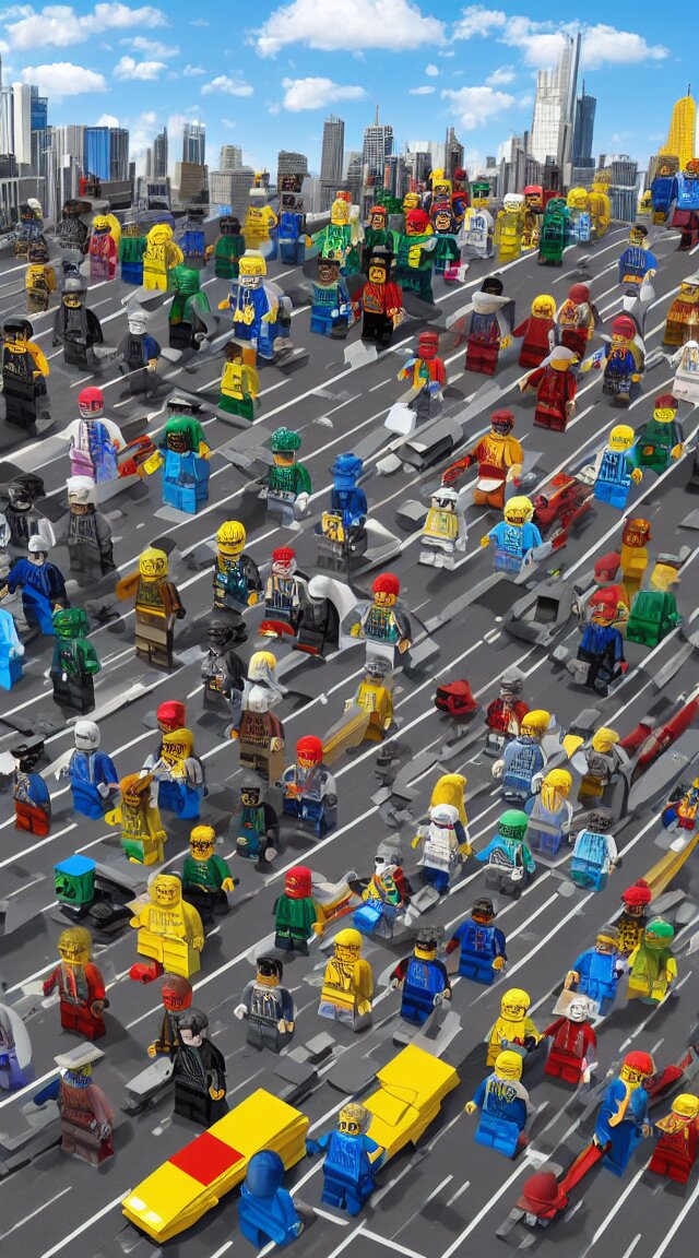 hyperrealistic giant enormous lego minifigure walking over city ...