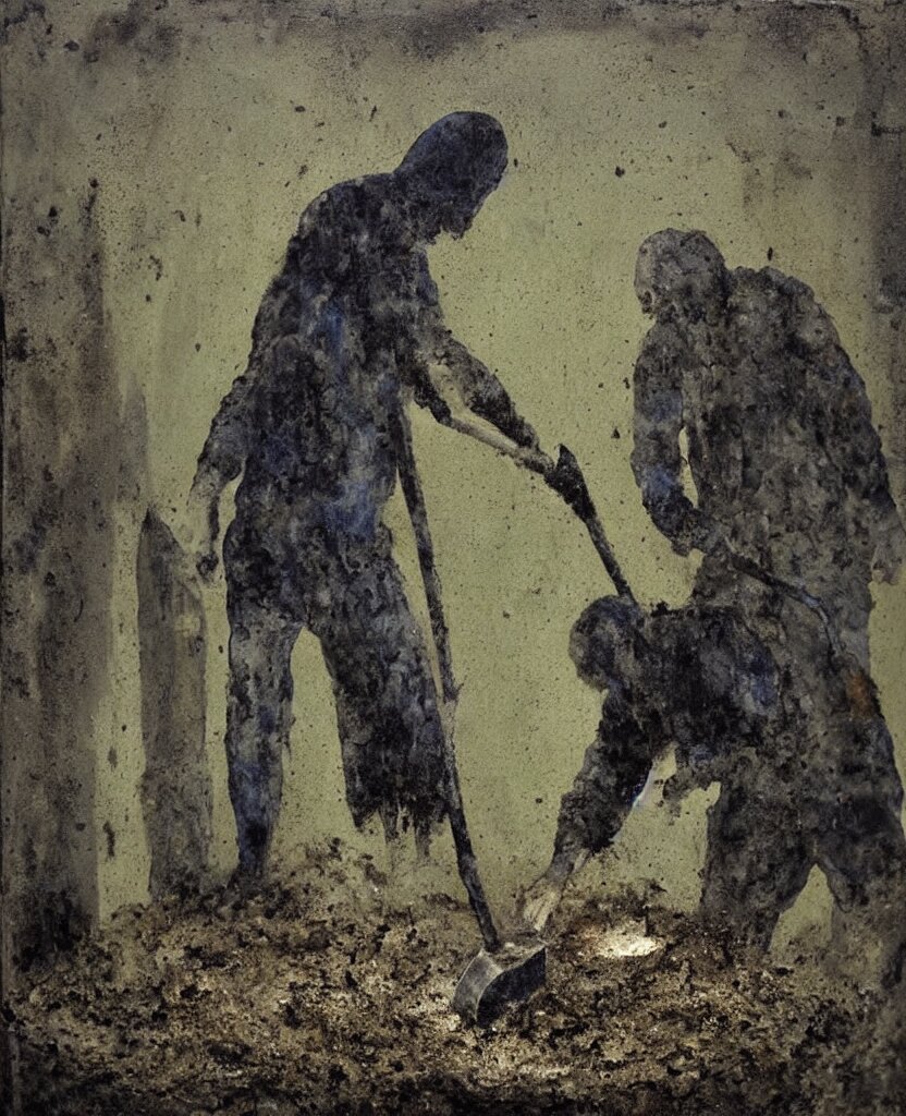 Lexica - A man with a shovel standing digging up a grave with a ...