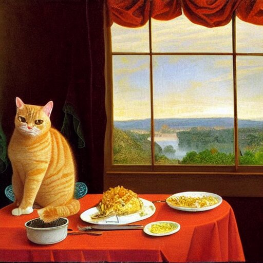 Lexica - Fat orange tabby cat eating lasagna on a table, afternoon ...