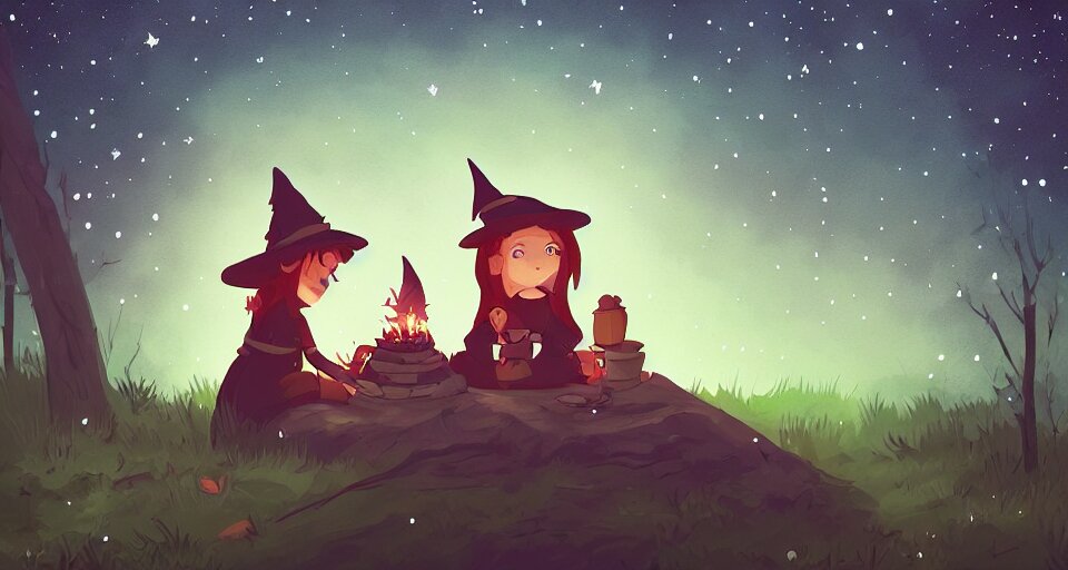Lexica - Illustration of a small cute witch sitting by cozy bonfire in ...