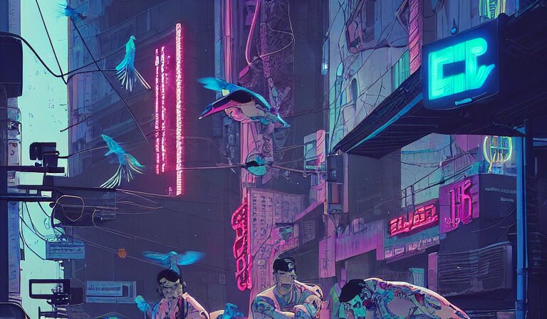 Lexica - Cyborg feeding electric pigeons in front of a neon church ...
