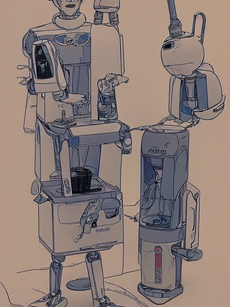 walking robot coffee maker, by jean giraud - Arthub.ai