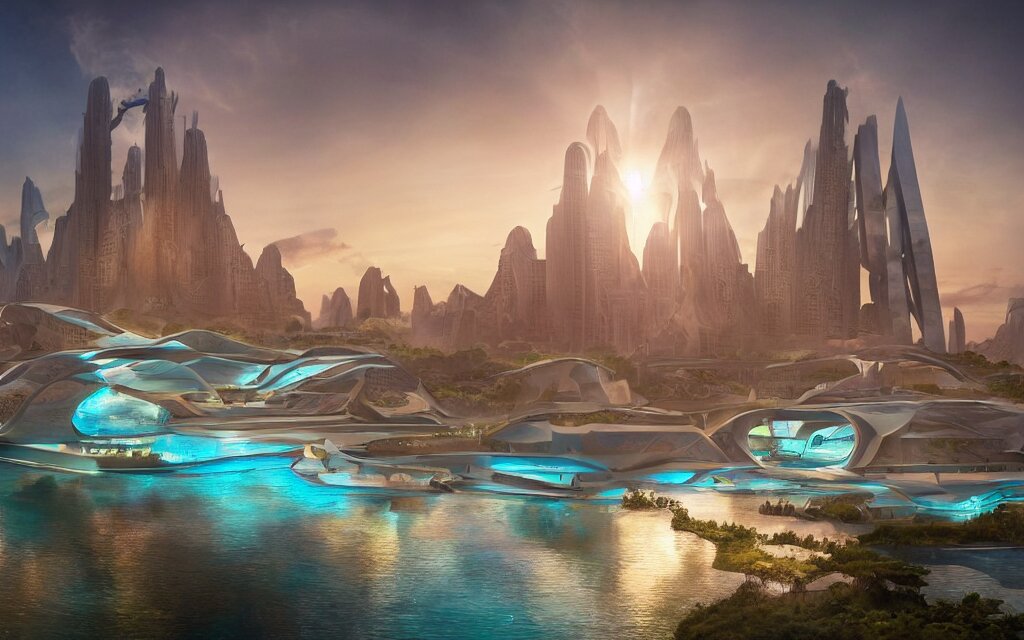 Lexica - A matte painting of a modern atlantis temple of dynasty highly ...