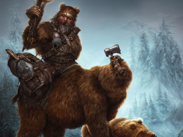 Lexica - High Fantasy Dwarf Ranger sits on Grizzly Bear, RPG Portrait ...