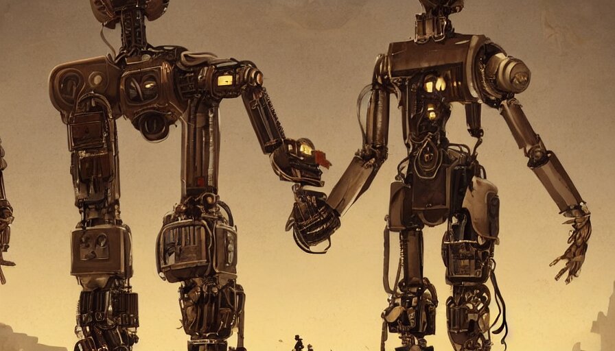 Lexica - Dieselpunk Illustration of two humanoid robots holding hands ...