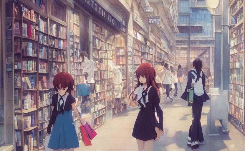 Lexica - One single high school anime girl shopping on a book store. by ...