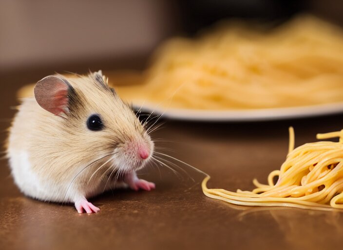 photo of a hamster eating spaghetti, at night, candlelit restaur ...