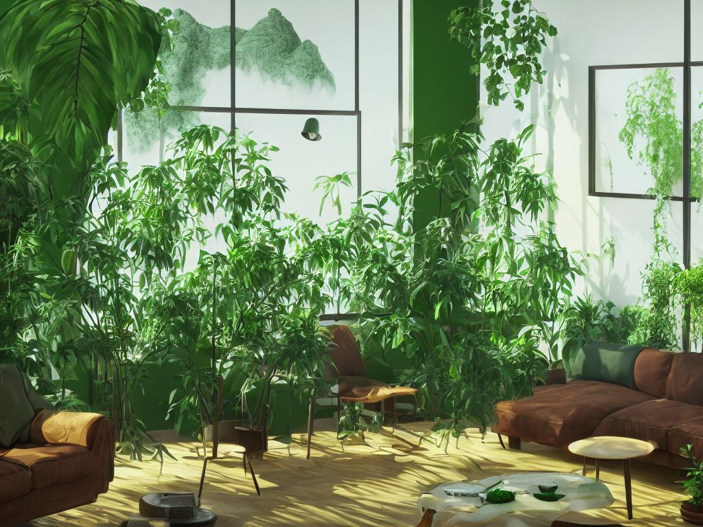 Lexica - Comfy green living room with many plants, complicated liminal ...