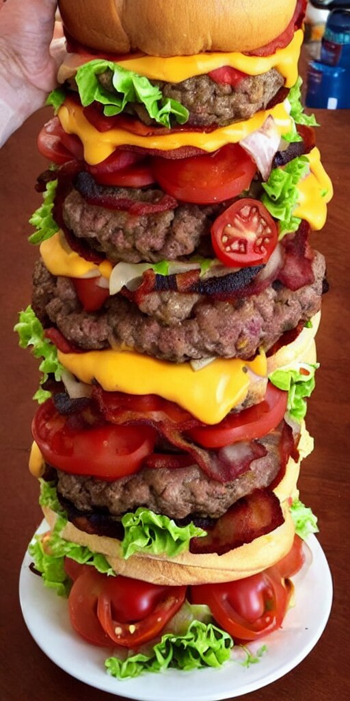 Lexica - A cheeseburger tower made of gigantic stacks of meat patties ...